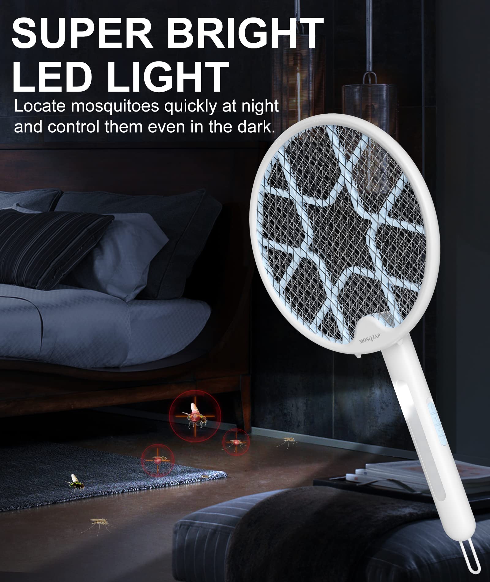 MOSQZAP Electric Fly Swatter 2 Pack, Foldable Bug Zapper Racket USB Rechargeable Fly Zapper Mosquito Zapper Racket w/Hands-Free & Handhold Modes, Outdoor/Indoor Killer for Flies, 3,500 Volt