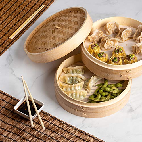Prime Home Direct Bamboo Steamer Basket 10-inch | 2-Tier Steamer for Cooking | 50 Liners, Chopsticks & Sauce Dish | Dumpling Steamer, Food Steamer Baskets for Cooking - Rice & Vegetable Steamer Pot