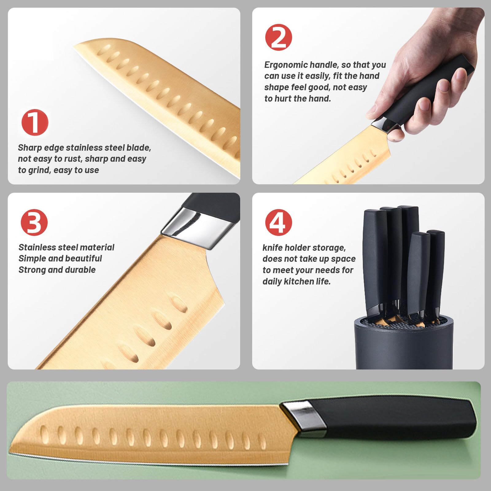 Kitchen Knife Set, Retrosohoo 6 Pieces Sharp Stainless Steel Chef Knife Set with Cylindrical Block, Ergonomic Black Handle Knife with Gold Blades, Knife Set with Gift Box, House Warming Gift (Black)