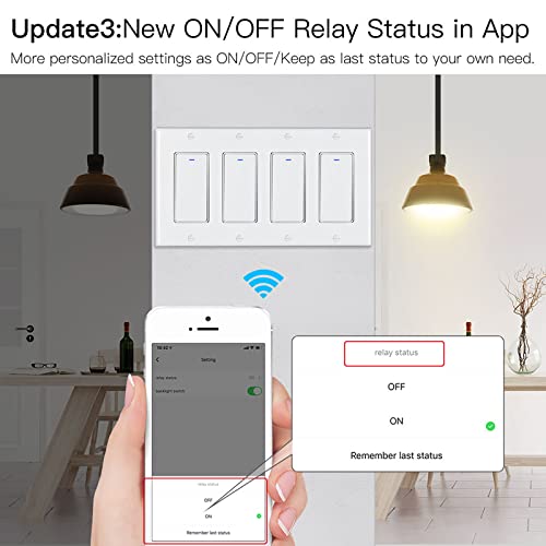 MOES WiFi Smart Light Switch, Single Pole/Multi-Control Association Needs Neutral Wire 2.4GHz Wi-Fi Smart Life/Tuya App Light Switch Works with Alexa and Google Home No Hub Required, 4 Pack White