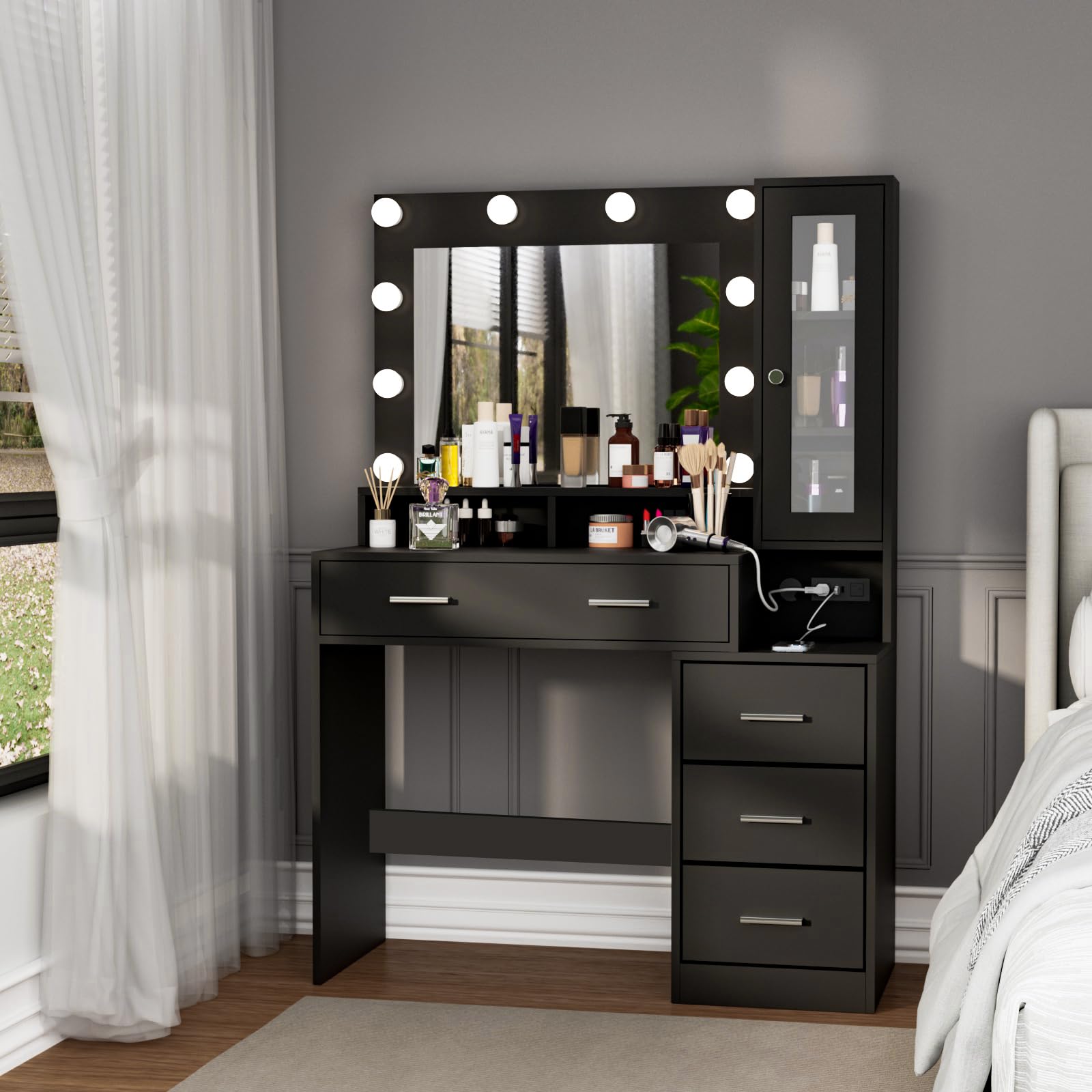 Likein Makeup Vanity Desk with Lights - Makeup Vanity with Power Strip, Vanity Desk with Mirror and Lights, Vanity Table with Mirror Drawers and Glass Door Cabinet, Black