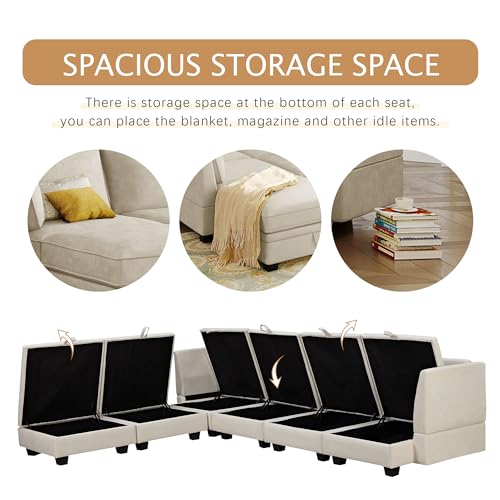 P PURLOVE Sectional Sofa, Large Modular Sectional Sofa, Convertible Couch with Reversible Chaise for Living Room with Plastic Legs (Beige)
