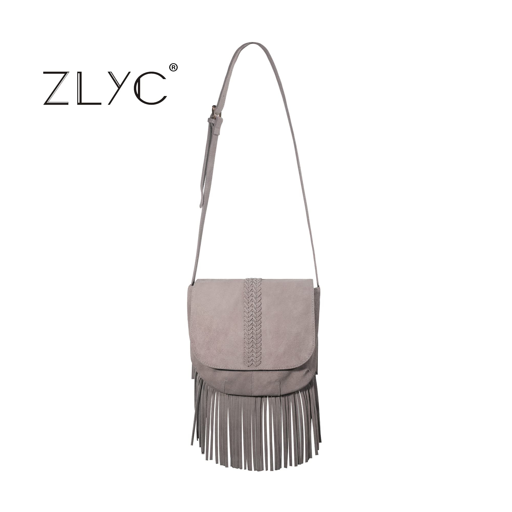 ZLYC Women Bohemian Nubuck Leather Fringe Bag Pouch Tribal Tassel Cross Body Shoulder Bag, Gray