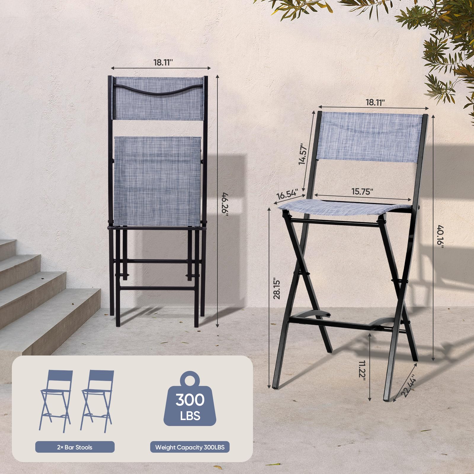 Outdoor Patio Bar Stools Set of 2, Folding Counter Height Stool with Footrest and Heavy-duty Metal Frame, Outdoor Bar Chairs with Breathable Textilene Fabric, Patio Bar Sets for Balcony, Poolside