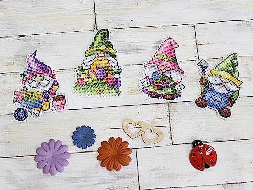 MP Studia Cross Stitch Embroidery Kits for Adults and Beginners Fairy Tale - Garden Gnomes - Magnets 7x8cm/2.76x3.15 14ct.