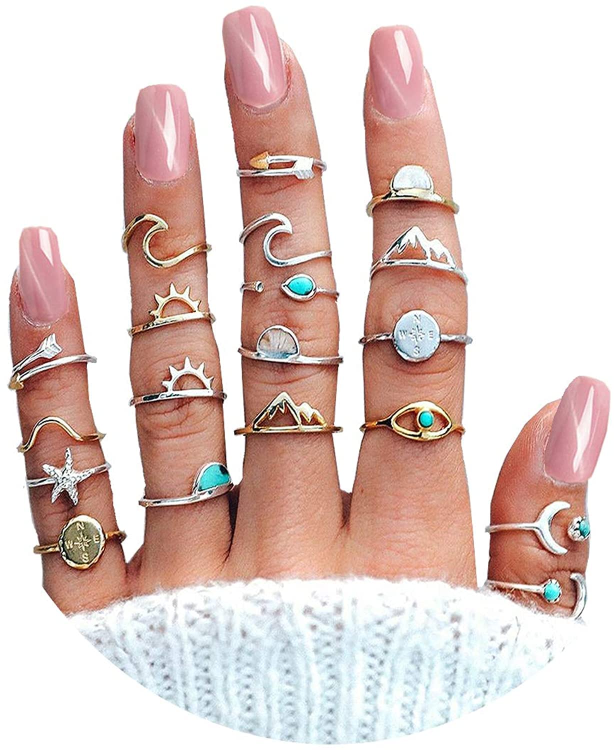 CSIYANJRY99 19Pcs Boho Retro Stackable Rings Sets for Women,Peak Sea Wave Compass Turquoise Knuckle Finger Rings