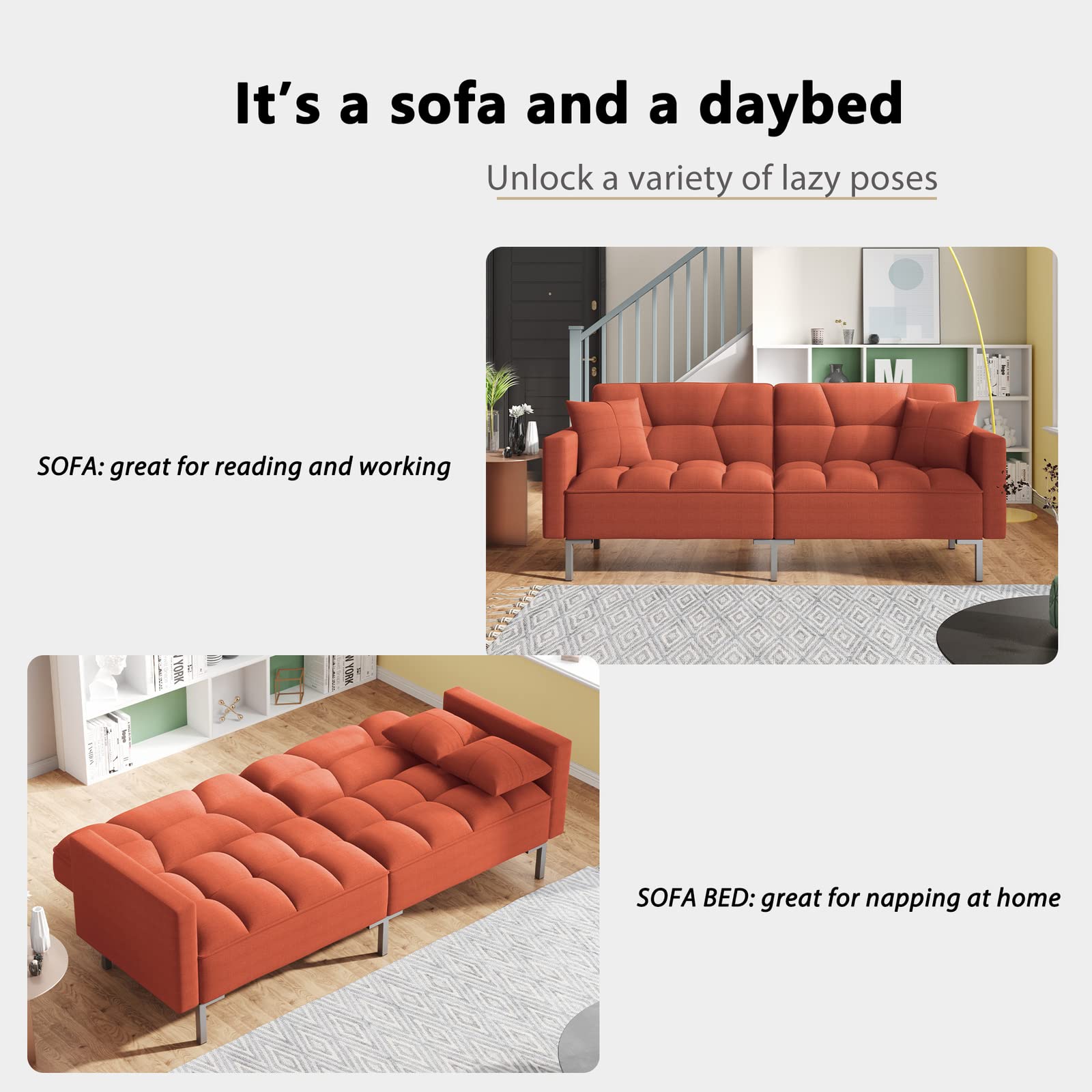 DEEF Linen Upholstered Modern Convertible Folding Futon Sofa Bed for Compact Living Space Apartment Dorm,Two Seat,Orange