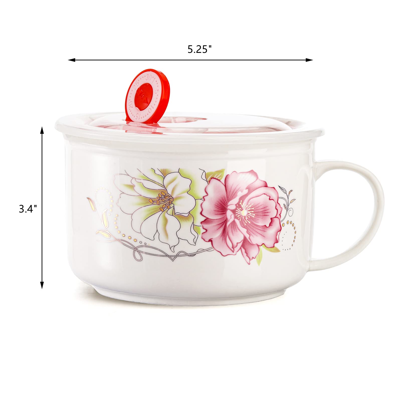 Frcctre 2 Pack Microwavable Ceramic Noodle Bowl Set with Lid and Handle, 27 Oz Ceramic Soup Bowl Set for Instant Noodle, Ramen, Soup, Cereals, Oat, Fruits, Snacks, Rose Pattern