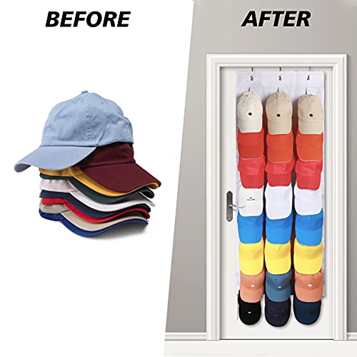RUIFUU 24 Hat Pocket Over, With Over Door Hooks, Hat Storage for Baseball Caps,Baseball Cap Organizer, Clear Deep Pockets to Protect and Display Your Baseball Cap Collection(White)