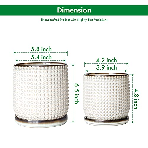 Set of 2, 6 Inch & 4 Inch Ceramic Indoor Planter Pots with Drainage Hole and Saucer, Beaded Design Flower Pots, Smoked White, 27-H-B-SW-ZS