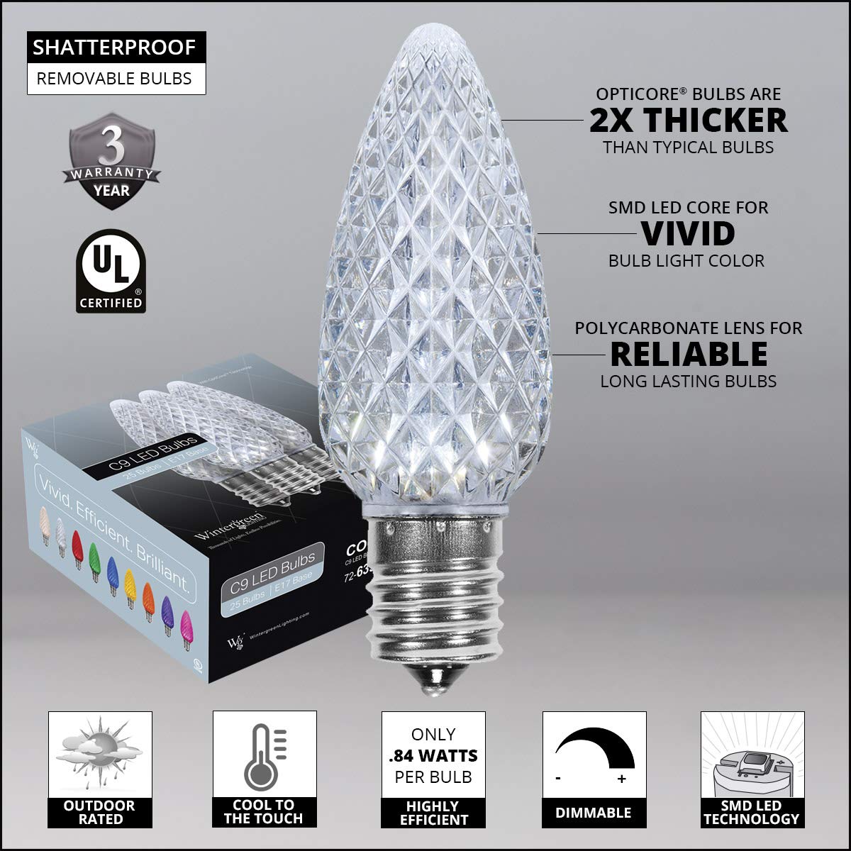 Wintergreen Lighting C9 OptiCore Cool White LED Commercial Outdoor Christmas Lights – Heavy Duty Christmas String Lights; Green Wire (25 Lights, 25 ft, Cool White)