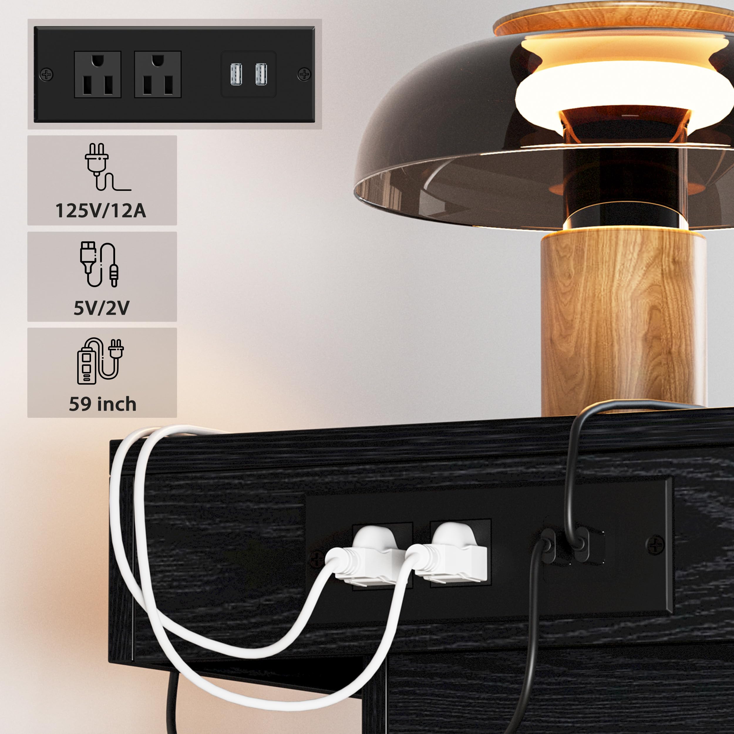 LIKIMIO Night Stand with Charging Station, Modern Black Nightstand with LED Light and Drawers, Bedside Tables/End Table for Bedroom