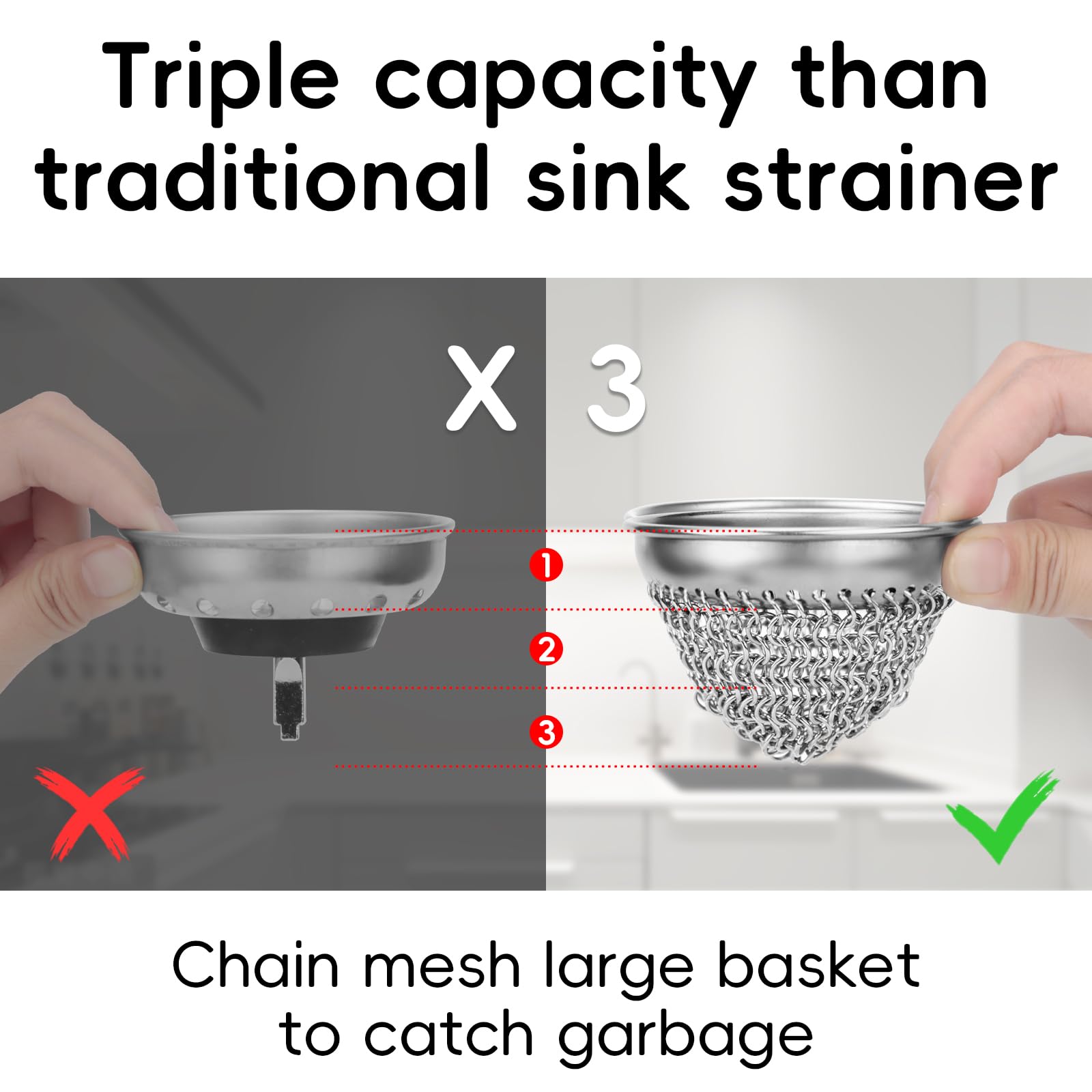 Kitchen Sink Drain Strainer, Wokdada Reversible Insert Mesh Sink Strainer, 304 Stainless Steel Sink Strainer, Clog-free Garbage Disposal Sink Catcher Strainer, 3.19 Inch Sturdy Metal Sink Screen