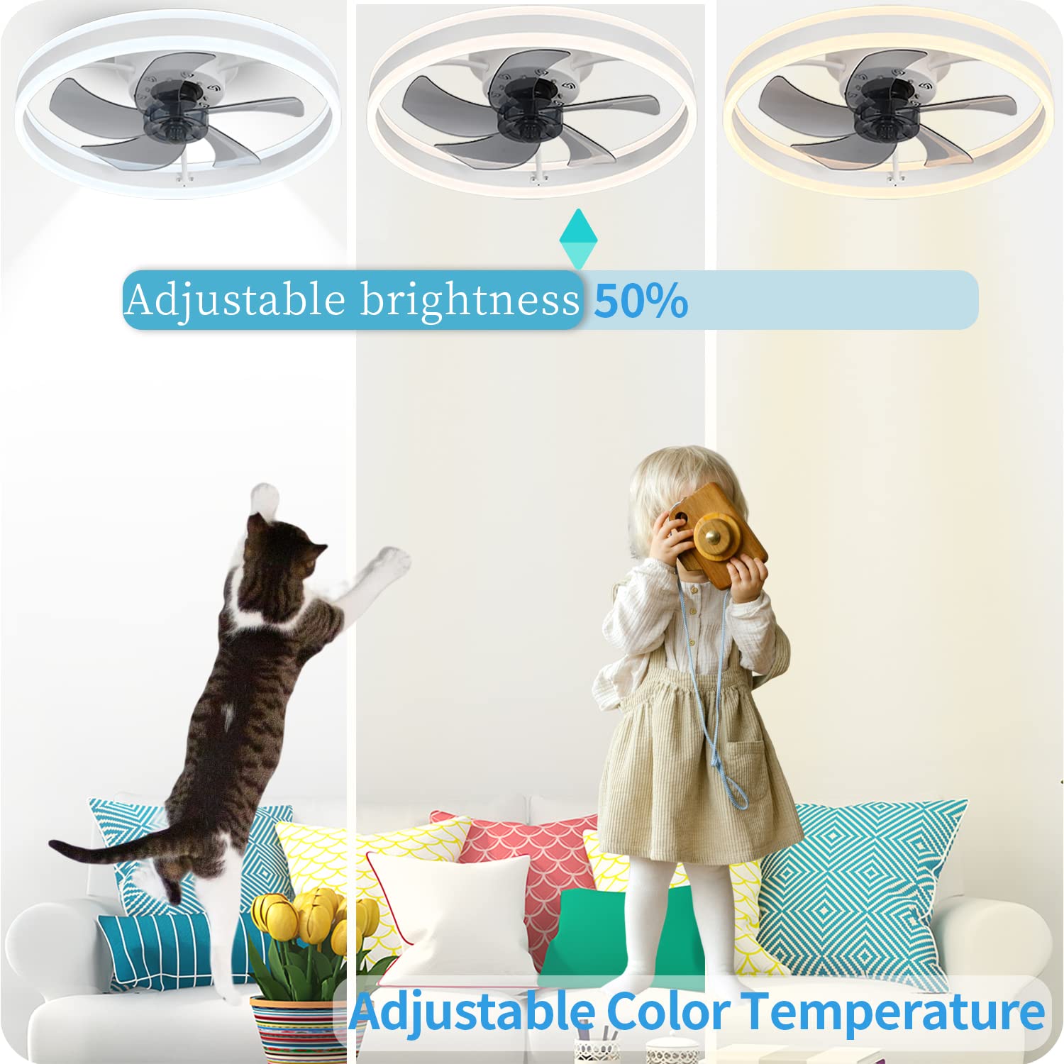 DewShrimp Flush Mount Ceiling Fan with Lights Bladeless Ceiling Fan with Bluetooth Speaker App and Remote Control Low Profile Ceiling Fan LED Stepless Dimming 3 Colors 6 Speeds Reversible 19.8