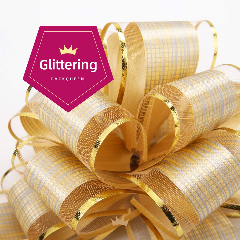 PACKQUEEN 15 Gold Gift Bows Large, 6 inches, Gift Pull Bows for Presents, Christmas Gift Bows Bulk for Baskets