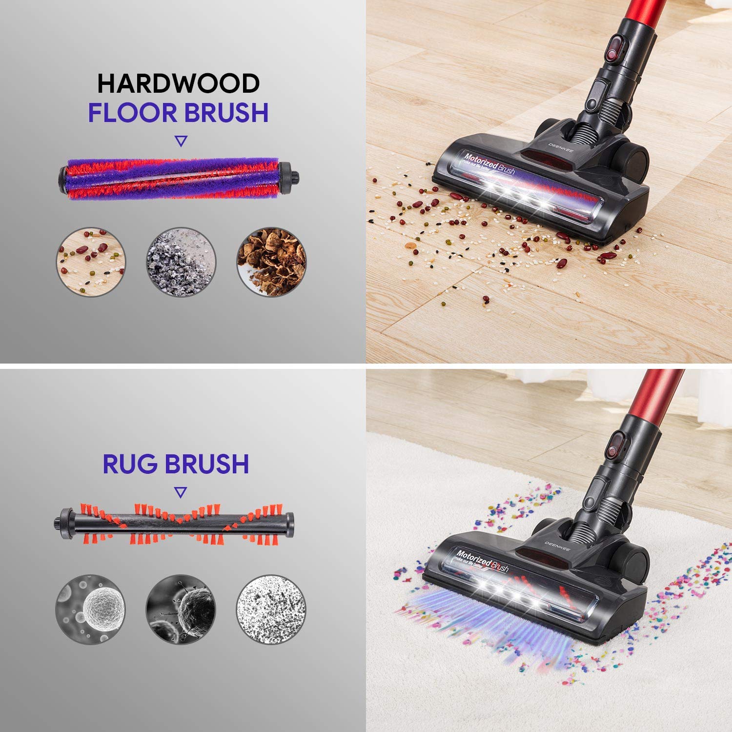 Deenkee 6 in 1 Cordless Stick Vacuum Cleaner, 250W 18Kpa Powerful Suction, 35Min Runtime & 2 Modes, Lightweight Stick Handheld Vacuum Cleaner (Red-B)
