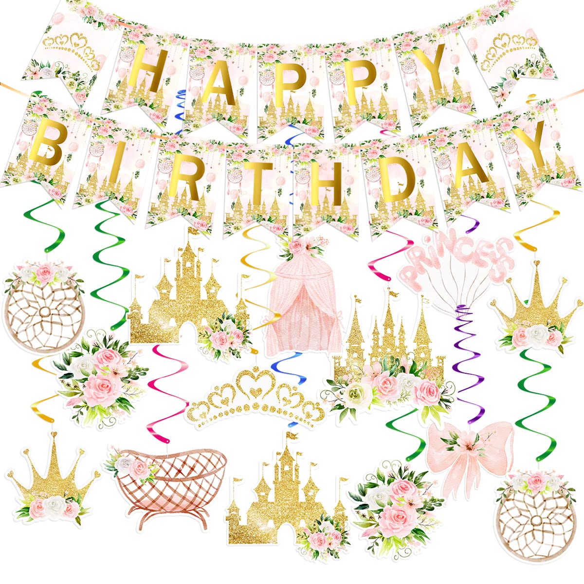 Princess Birthday Party Decorations, Princess Party Supplies, Princess Party Banner and Hanging Swirls