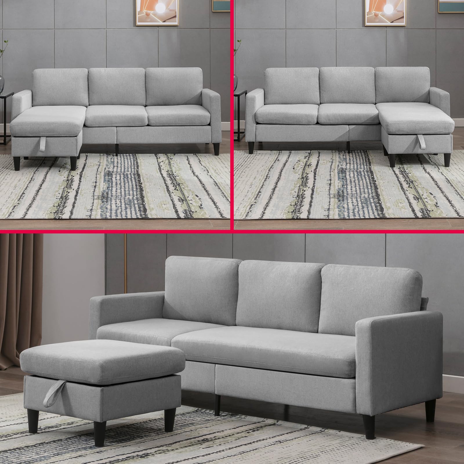 MUZZ 85" Oversize Modular L-Shaped Sofa with Storage Chaise,Combination Sofa with Movable Ottoman and Modern Linen Fabric,3-Seat Sectional Couch for Living Room and Office,Light Grey