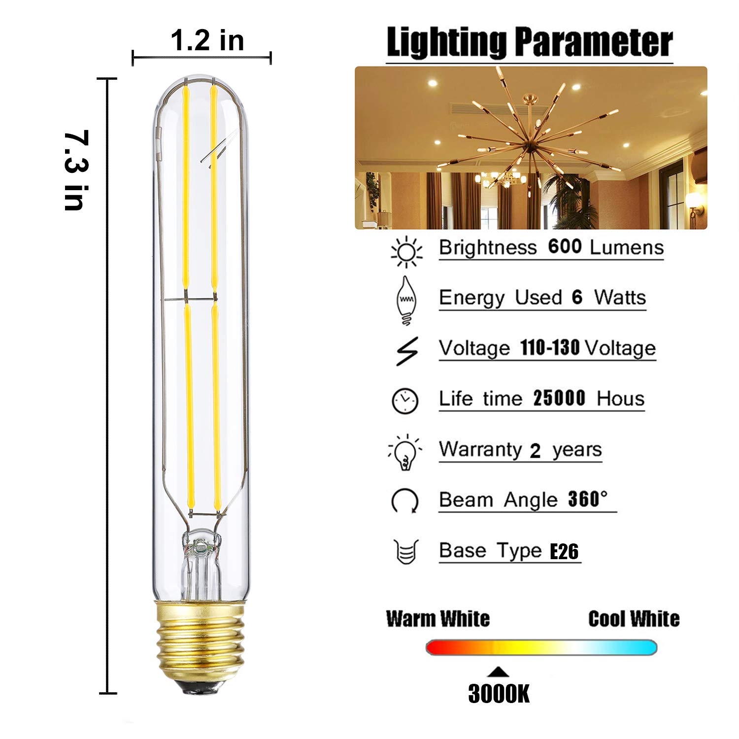 T10 Led Bulb,Dimmable 6W Led Tubular Bulbs, Soft White 3000K, 60 Watt Incandescent Bulb Equivalent,Clear Glass,E26 Base Lamp Bulb,for Cabinet Display Cabinet etc,4 Pack. (7.3 in -Soft White(3000K))