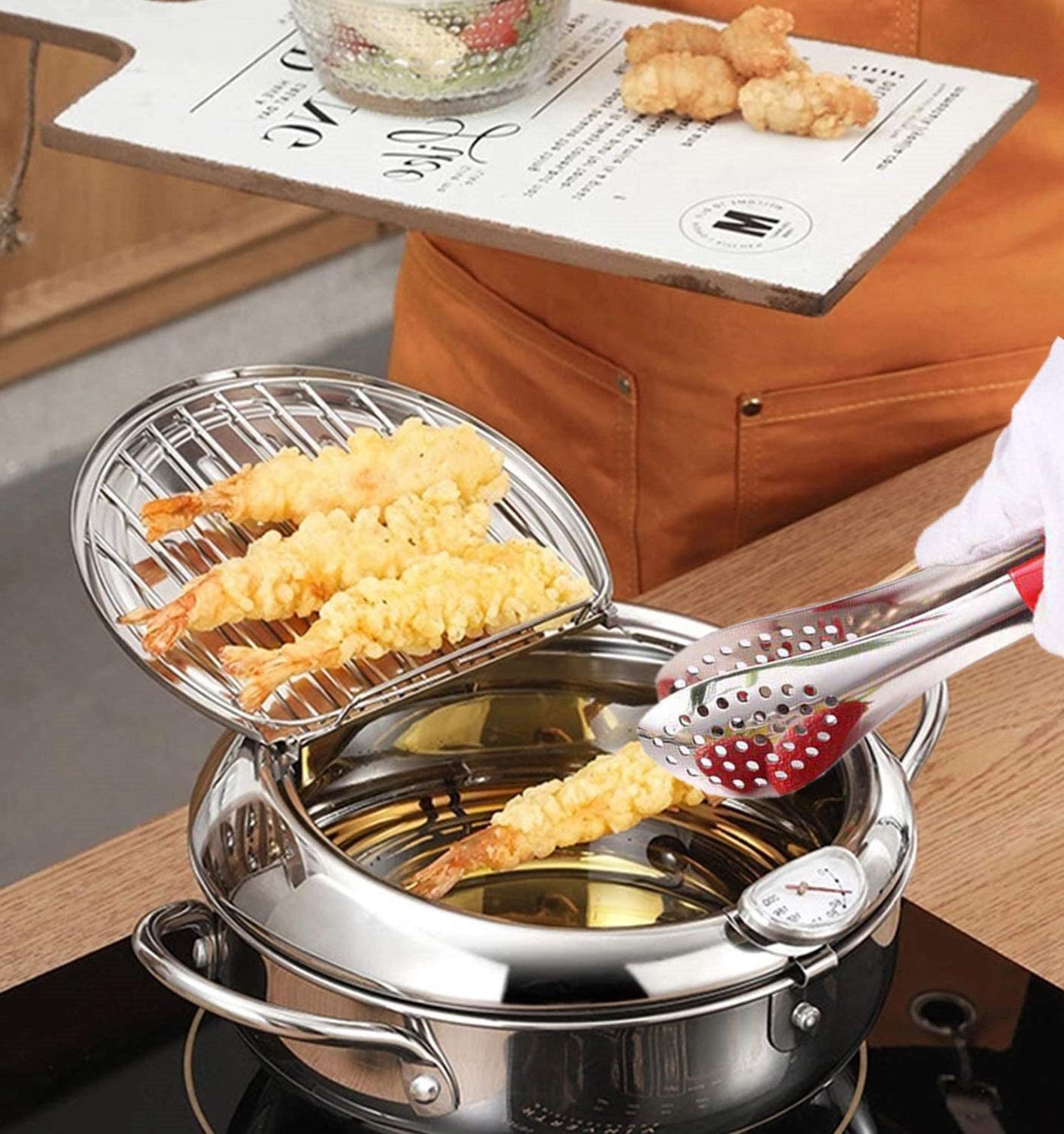 Deep Fryer Set,3.6QT Mini Deep fry Pot with French Fries Basket and Frying Tongs -Stainless Steel Deep Fry Pan with Thermometer