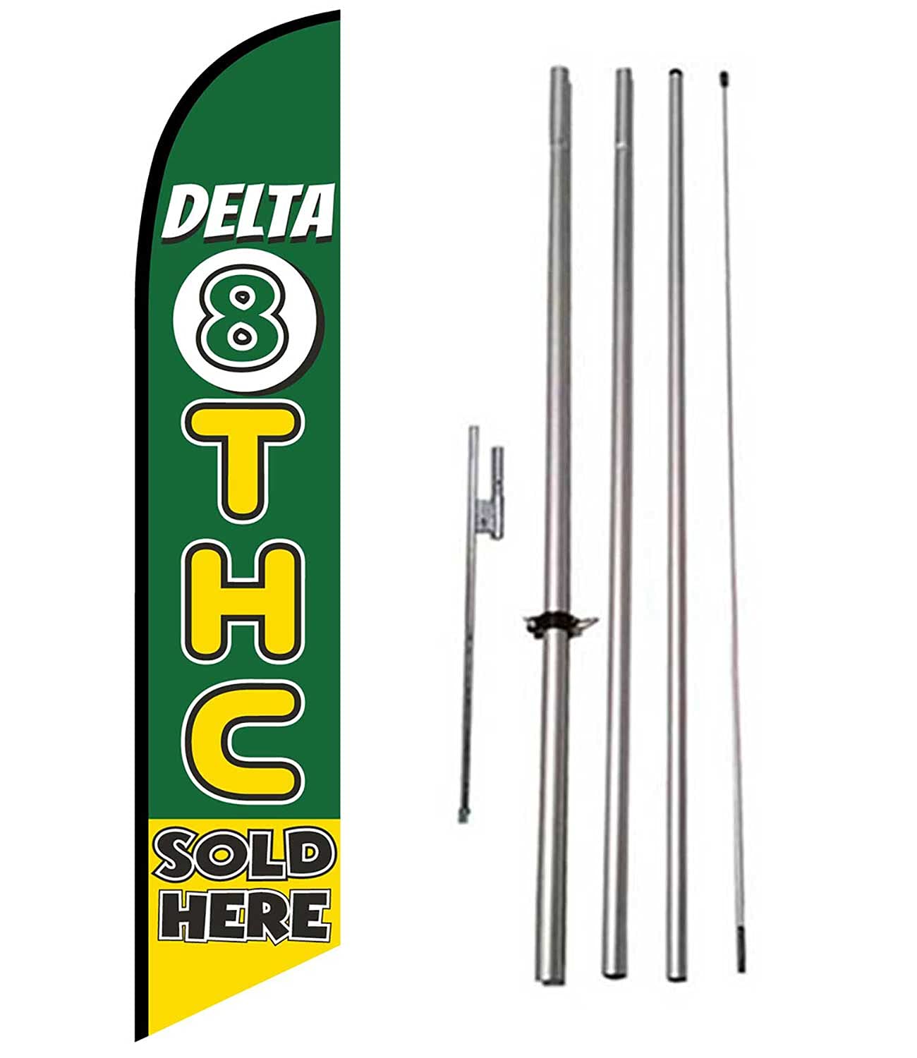 Delta-8 THC Sold Here Advertising Feather Banner Swooper Flag Sign with 15 foot Flag Pole Kit and Ground Stake