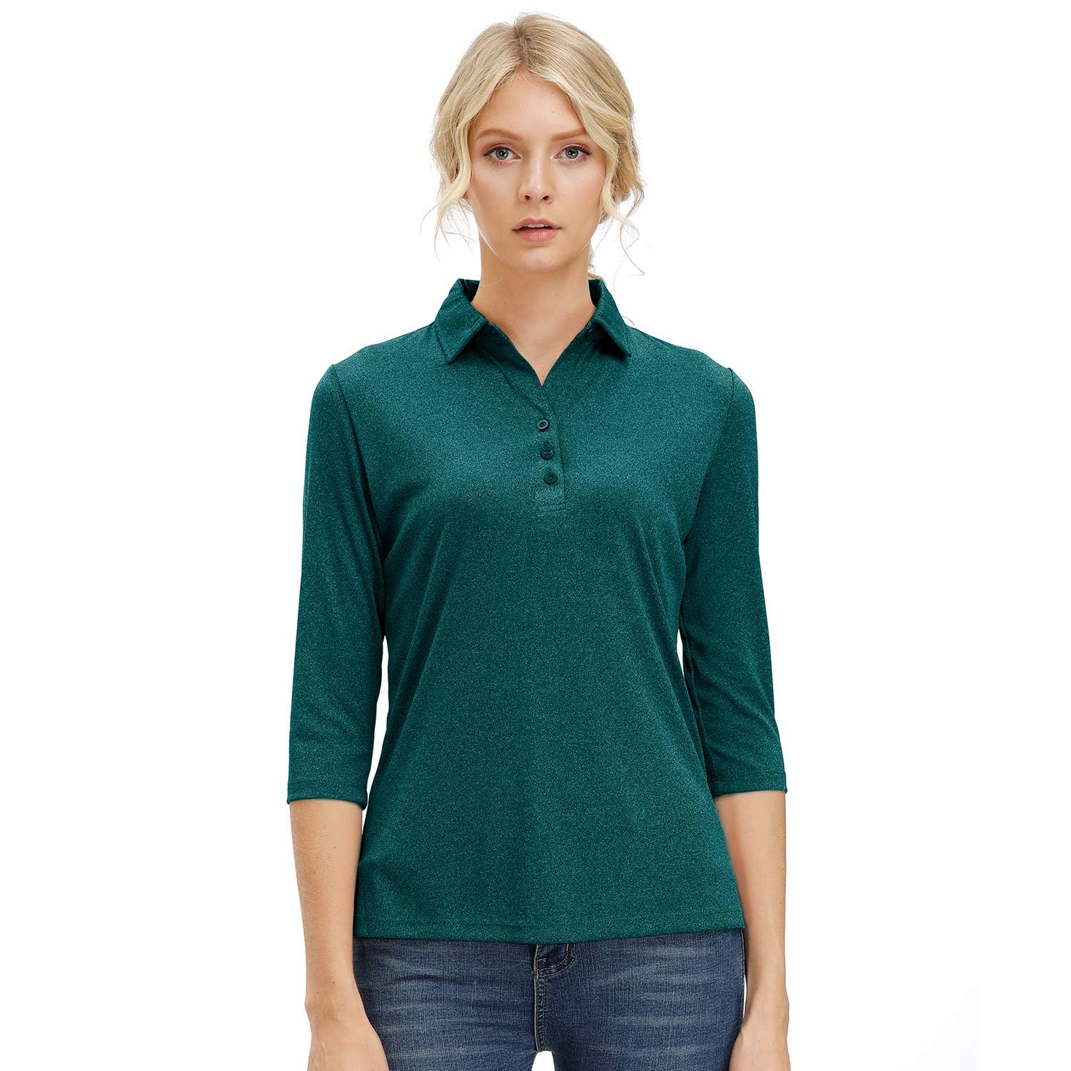 Corna Womens 3/4 Long Sleeve Polo T Shirts, UV Sun Protection Clothing,Moisture Wicking (Dark green-XL)