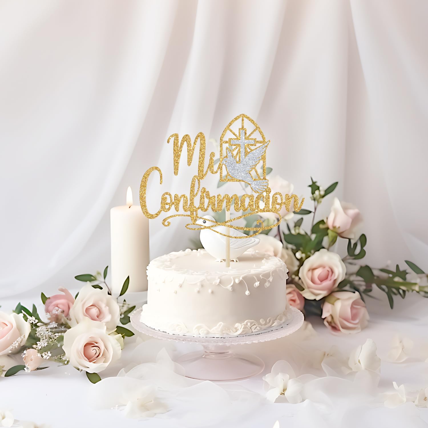 Mi Confirmacion Cake Topper, First Holy Communion, God Bless, Bridal Shower/Wedding/Baptism/Christening Baby Shower Party Decorations Gold Glitter