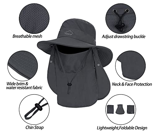 Men's Wide Brim Sun Fishing Hat Outdoor UPF 50+ Sun Protection with Removable Face and Neck Flap Dark Grey