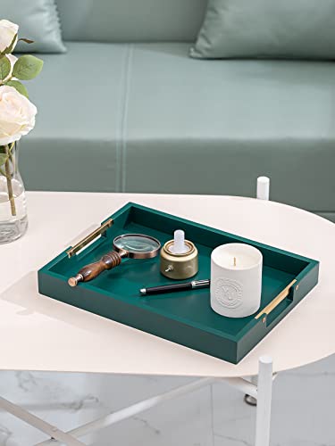 Kanwone Decorative Tray , 13.6"x9.8" Serving Tray, Rectangle Ottoman Tray with Gold Polished Metal Handles, Coffee Table Trays for Living Room Kitchen and Home Decor, Green
