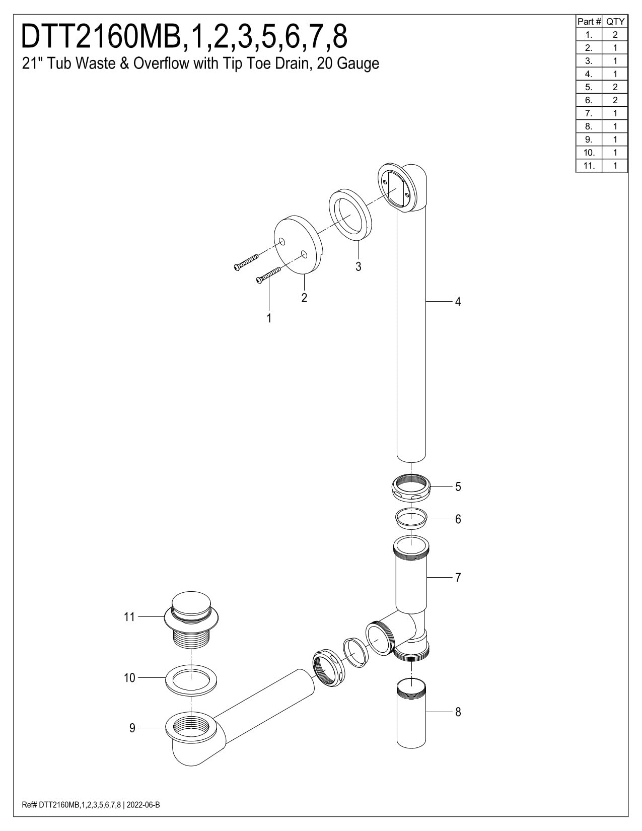 Kingston Brass DTT2161 Tip-Toe Bath Tub Drain and Overflow, Polished Chrome