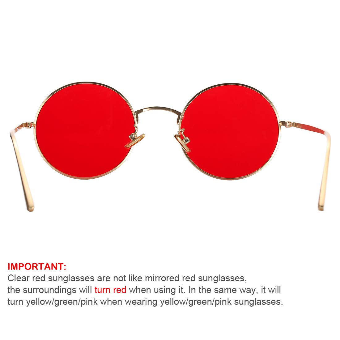 COASION Vintage Round Metal Sunglasses Small Red Halloween Glasses for Women Men (Gold Frame/Red Lens)