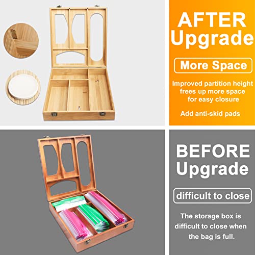 Ziplock Bag Organizer,Bamboo Plastic Bags Container Boxs Dispenser With Lid For Kitchen Drawer,Can Wall Mount And Stand Suitable For Food Sandwich Gallon Baggie Quart Snack Variety Size Bag(Brown)