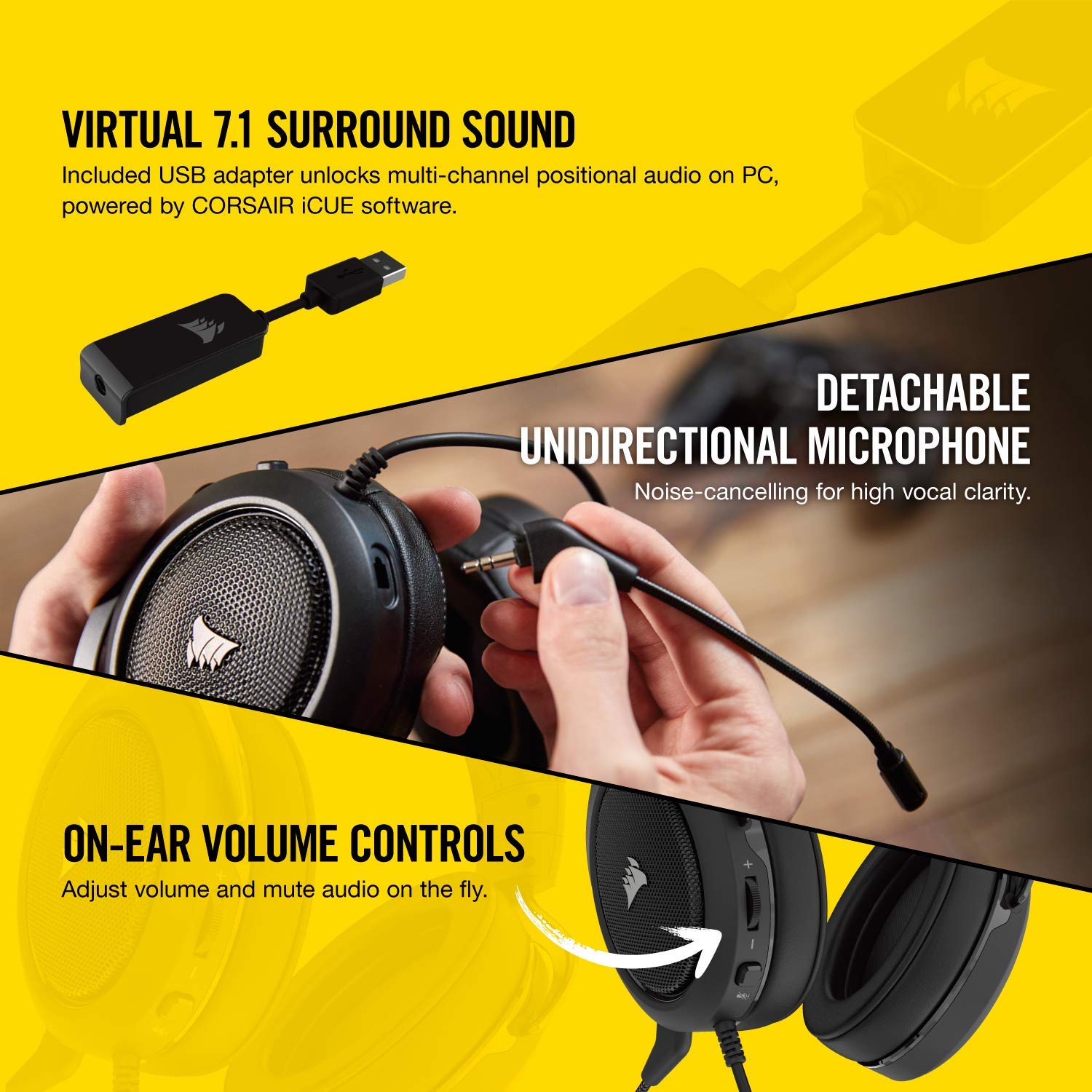 Corsair HS60 β 7.1 Virtual Surround Sound PC Gaming Headset w/USB DAC - Discord Certified Headphones β compatible with Xbox One, PS4, and Nintendo Switch β White, 3.5mm + USB 7.1