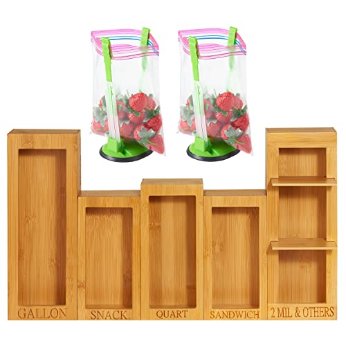 Ziplock Bag Organizer (5 Pack) with 2 Baggy Rack Stands, Baggie Organizer Dispenser for Drawer, Plastic Bag Organizer, Perfect for Variety Size Ziplock Bags, Compatible with Most Brands