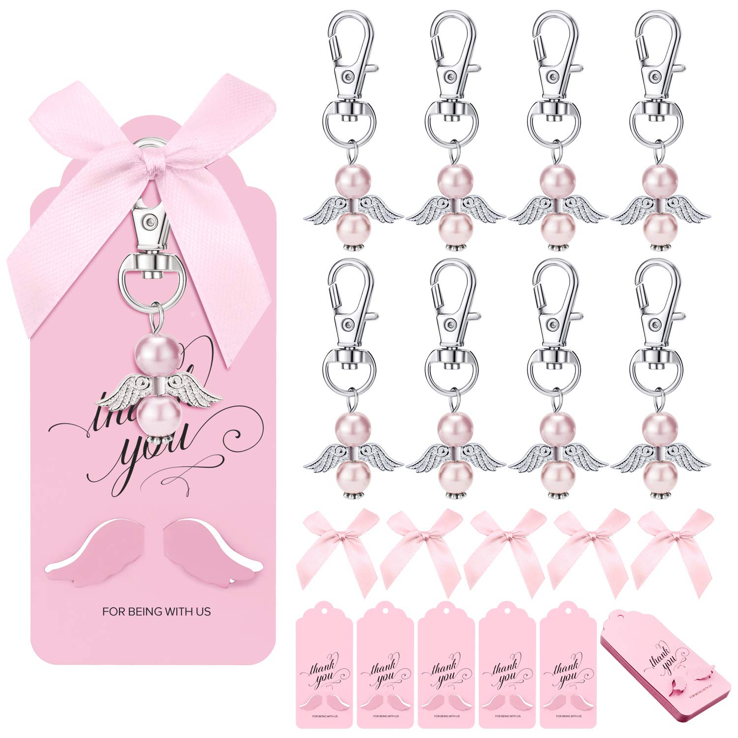 MOVINPE Thank You Favors in Bulk, Angel Keychains Favor + Bows + Angel Wing Thank You Tags, Guest Return Favors for Baby Girl Baby Shower, Bridal Shower, Wedding Charm, Party Favors (Pink 20Sets)