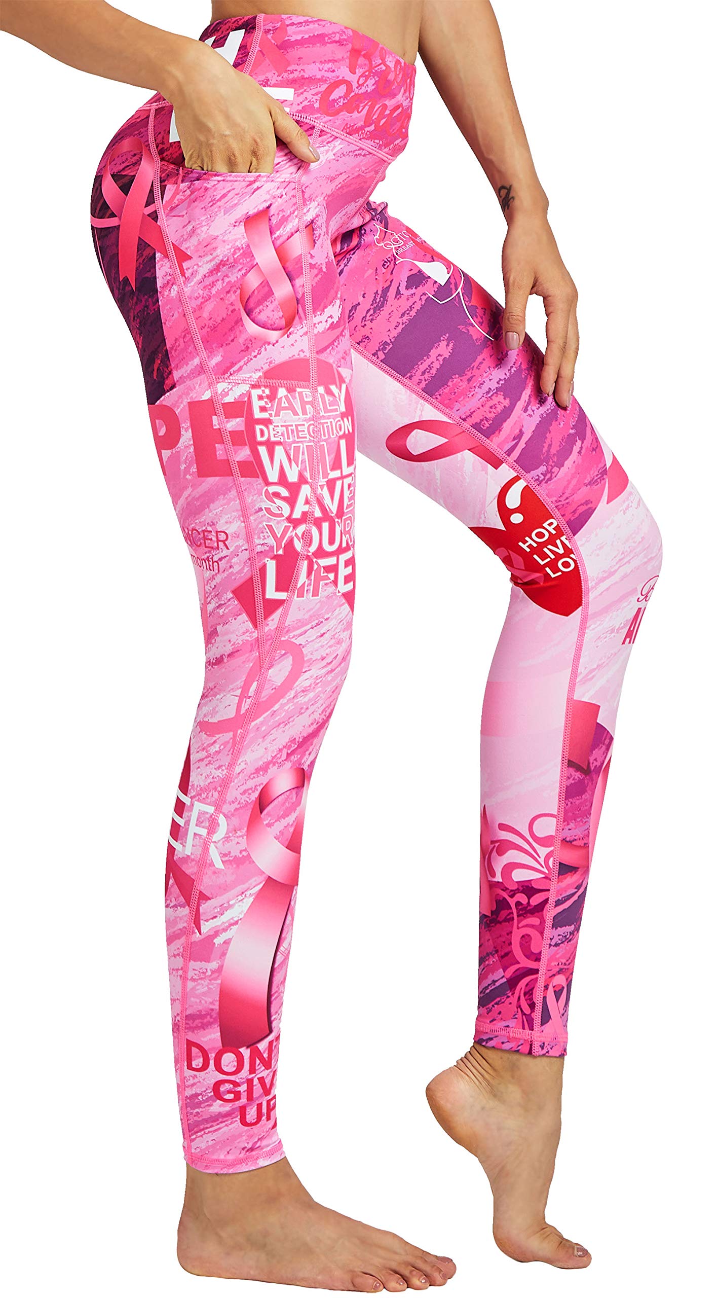 COOLOMG Breast Cancer Awareness Women Leggings Yoga Pants Workout Running Tights with Side Pockets Rosa Ribbon Printed XL