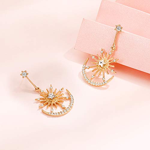 Cubic Zirconia Moon Star Drop Earrings, Simulated Diamond Long Dangle CZ Star Earring