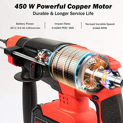 Goplus 1 Inch SDS Plus Cordless Rotary Hammer Drill, 20V 3 Functions Variable Speed Demolition Hammer Kits w/ 4.0Ah Battery & Charger, Adjustable Handle, Drill Bits