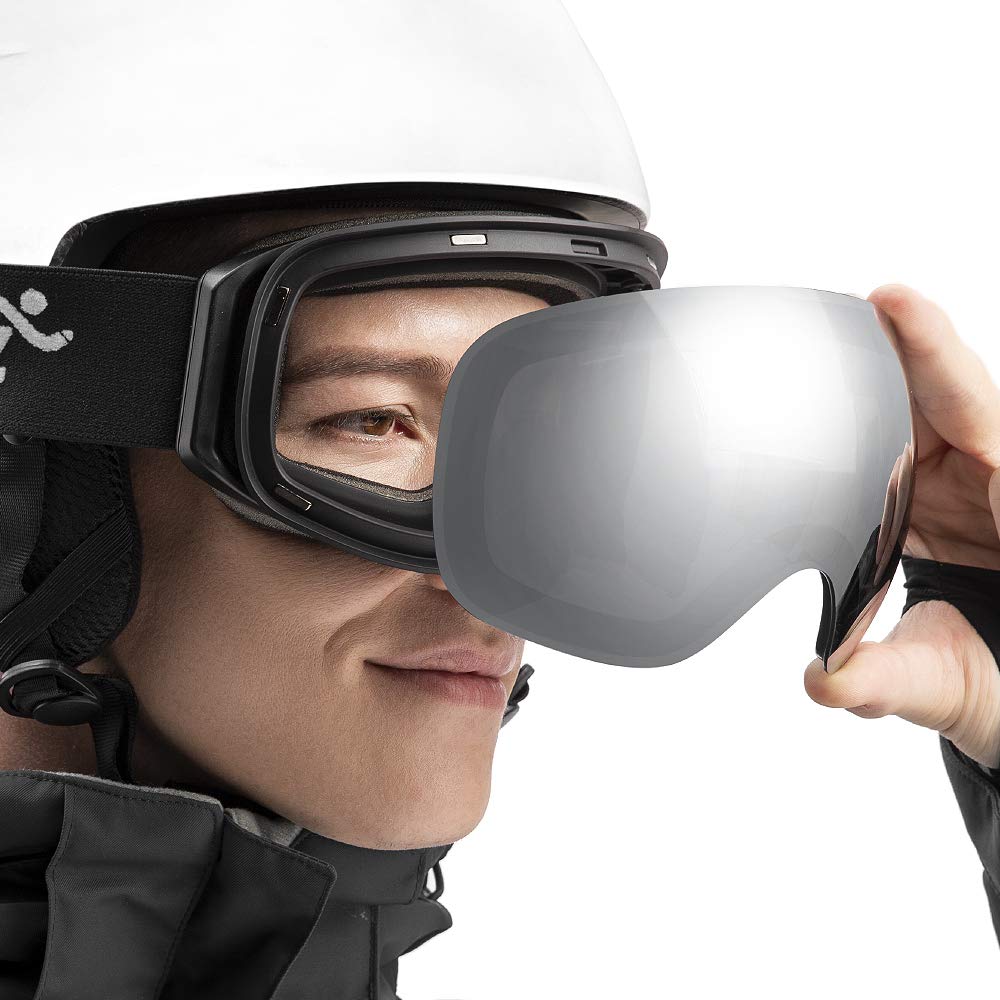 COPOZZ S2 Ski Goggles, Magnetic Snow Snowboard Goggles - Helmet Compatible Over Glasses OTG Design Non-Slip Strap UV400 Protection for Men and Women … (Silver Goggle-(VLT 8%))