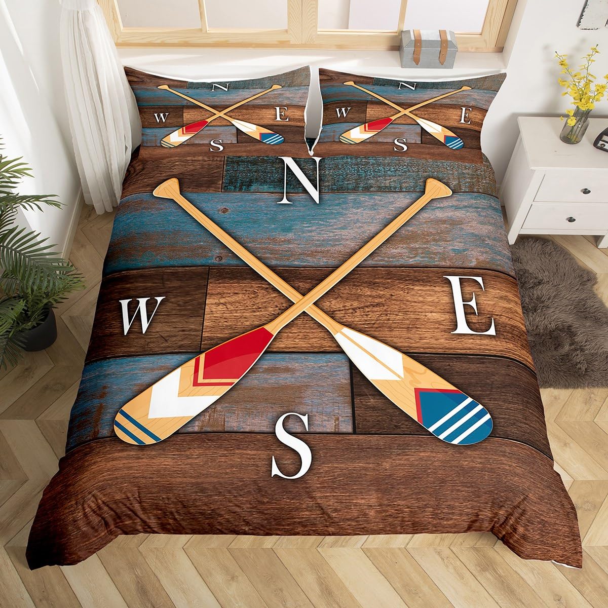 Lake Paddle Comforter Cover King Size, Lake House Decor Duvet Cover With 2 Pillow Cases, Vintage Rustic Farmhouse Bedding Set Brown Wooden Old Barn Bed Set Lake Cabin Decor, Housewarming Gift