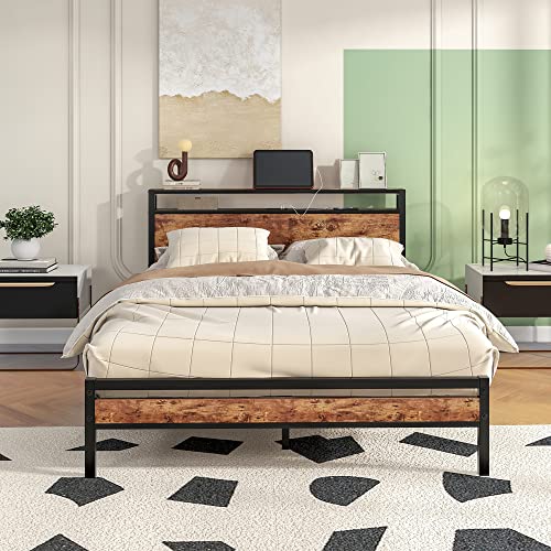 HOJINLINERO Bed Frame Queen Size with Storage Headboard/Power Outlets/USB Ports Charging Station,Metal Bed Frame Queen Size No Box Spring Needed,Under Bed Storage,Easy Assembly,Rustic Brown