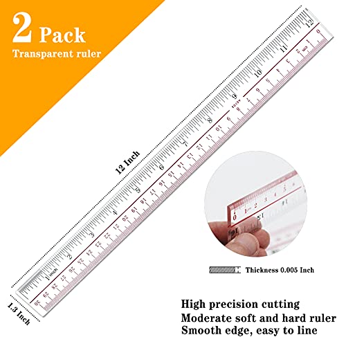Ruler 12 inch, Clear Plastic 12 inch Ruler, Apply to Rulers for Kids and Office Use Measuring Tools, Transparent Metric Straight Ruler, Ruler with Inches and Centimeters, Ruler Set Pack of 2