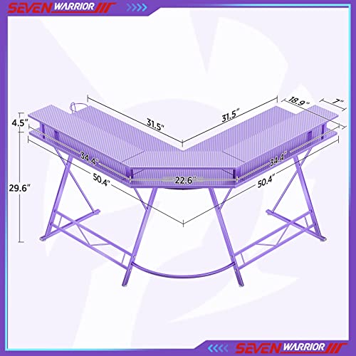SEVEN WARRIOR Gaming Desk 50.4” with LED Light & Power Outlets, L-Shaped Gaming Desk Carbon Fiber Surface with Monitor Stand, Ergonomic Gamer Table with Cup Holder, Headphone Hook, Purple