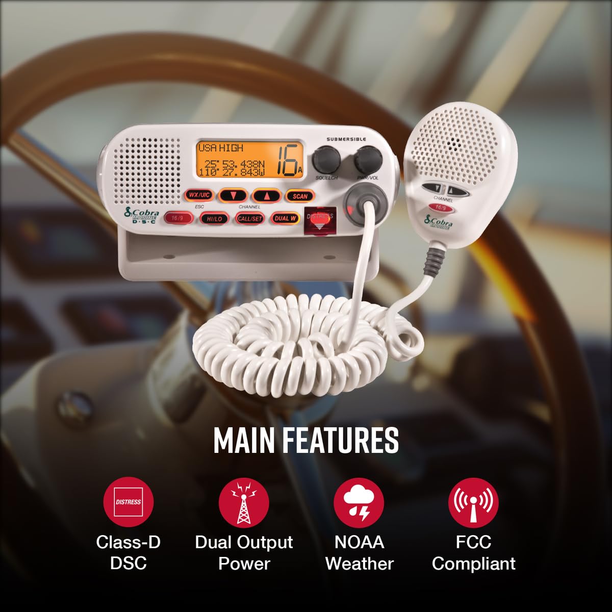 Cobra MR F45-D Fixed Mount VHF Marine Radio – 25 Watt VHF, Submersible, LCD Display, Noise Cancelling Microphone, NOAA Weather Channels, Signal Strength Meter, Scan Channels, White