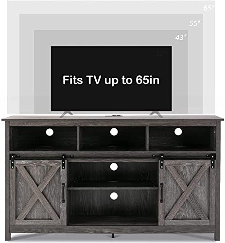 Vinctik 6&Fox 57β Wooden Farmhouse TV Stand for 60/65 inch TV,Double Layer Storage Entertainment Center TV Console Table,w Double-Row Sockets and 2 Sliding Barn Door,Media Cable Box(Grey Wash)