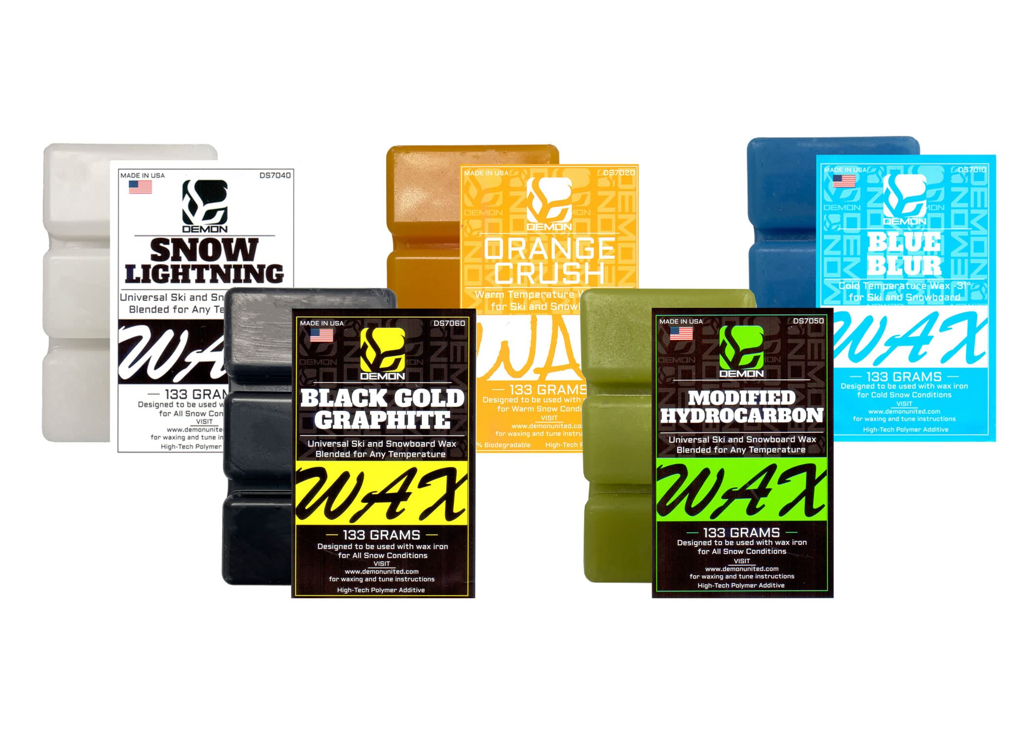 Demon United All Season Ski & Snowboard Speed Wax Kit, 133 Grams of Each Temperature of Snowboard Wax, 1.4 Lbs of Total Ski and Snowboard Wax **Made in USA** NO PFAS