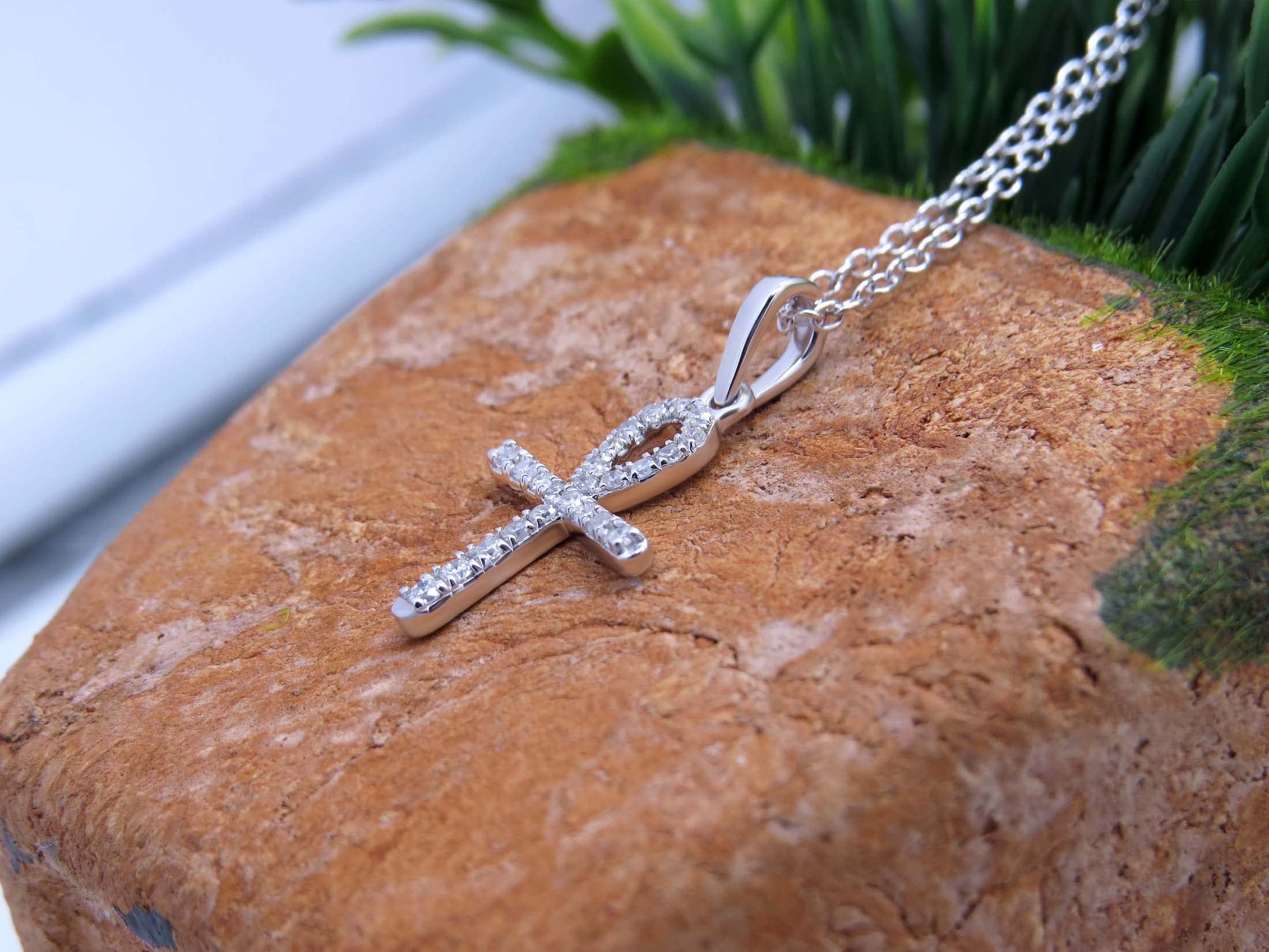 Dazzlingrock Collection Round White Diamond Ankh Cross Pendant for Women with 18 inch Silver Chain (0.16 Ctw) in 14K White Gold