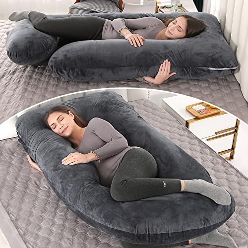 Elover Pregnancy Must Haves Pregnancy Pillow U-Shaped Full Body Maternity Support Pillow for Pregnant Women with Replaceable and Washable Velvet Cover Size 57" (Black,Velvet)