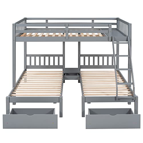 RUNWON Full Over Twin Wood Triple Bunk Bed with 2 Drawers for Kids Adults Bedroom,Detachable to 3 Platform Beds,No Box Spring Needed