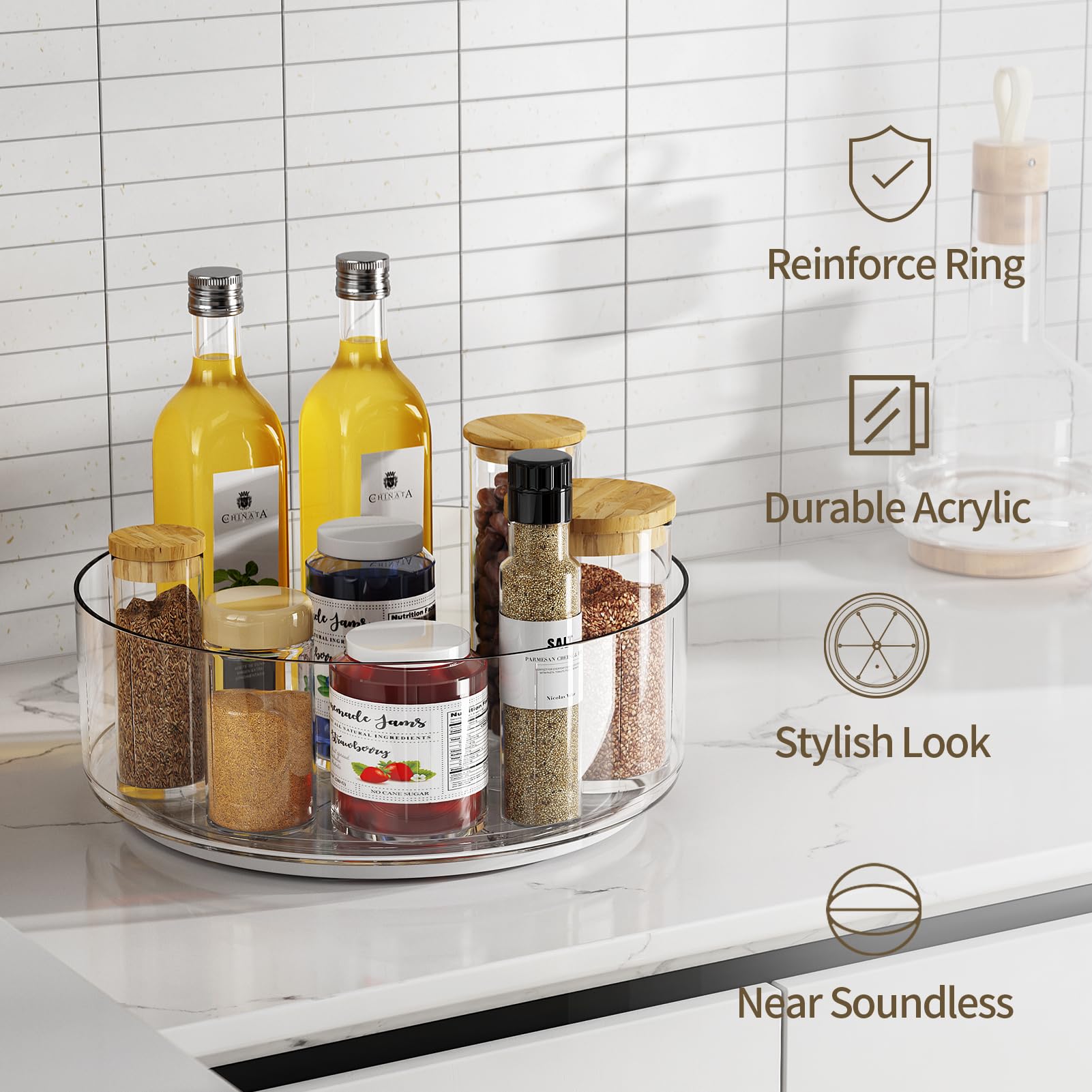 LAMU 3 Pack Lazy Suan Tunrntable Organizer for Cabinet Refrigerator 10''/10.6''/12'' with Raised Edge Rotating Spice Rack for Fridge Kitchen Pantry Organizers and Storage, Countertop, Bathroom, Clear